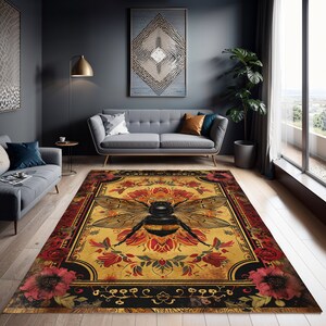 Rustic Bee Area Rug, Cottagecore Bedroom Floor Carpet, Living Room Art ...