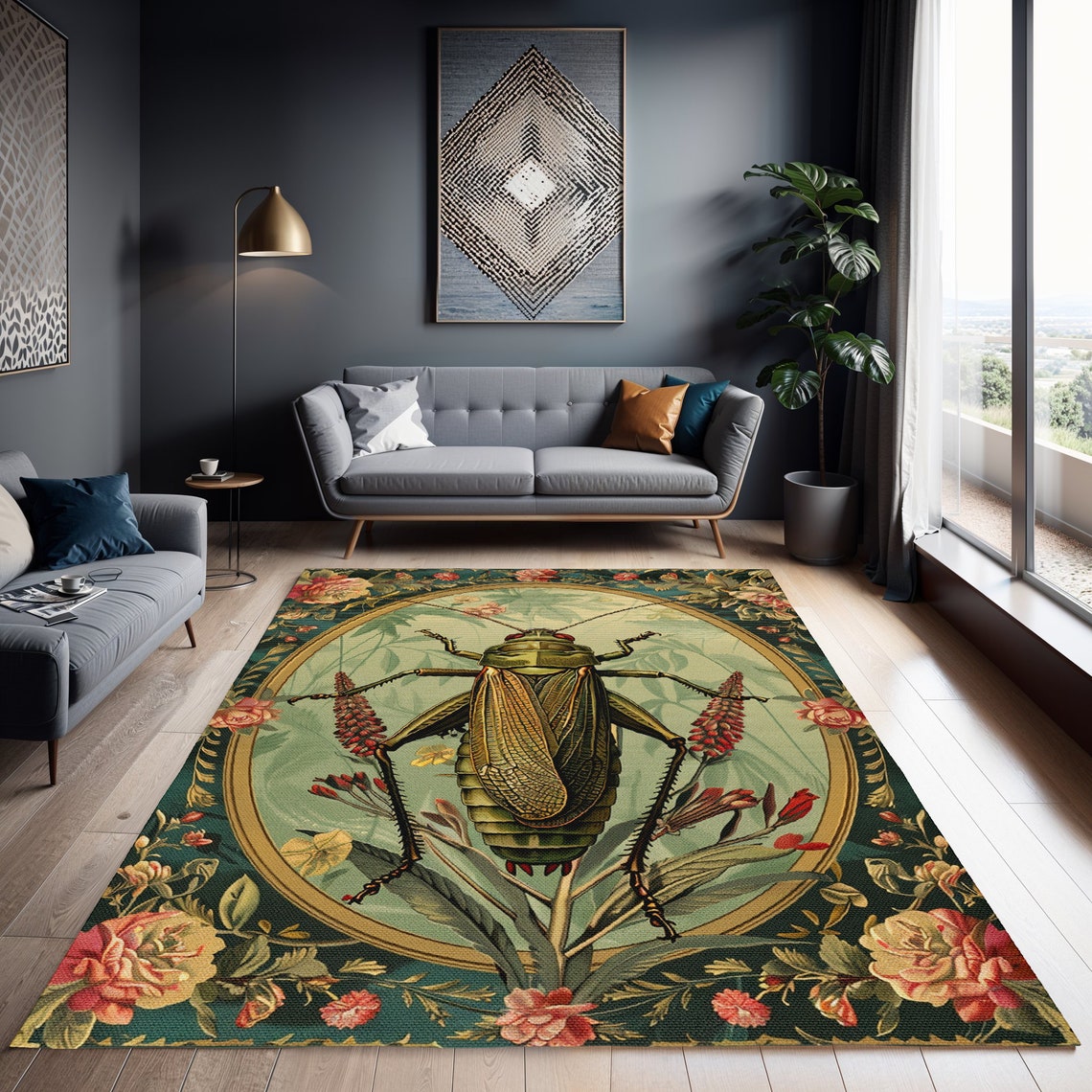 Grasshopper Area Rug: Cottagecore Insect Art Deco Carpet - Etsy