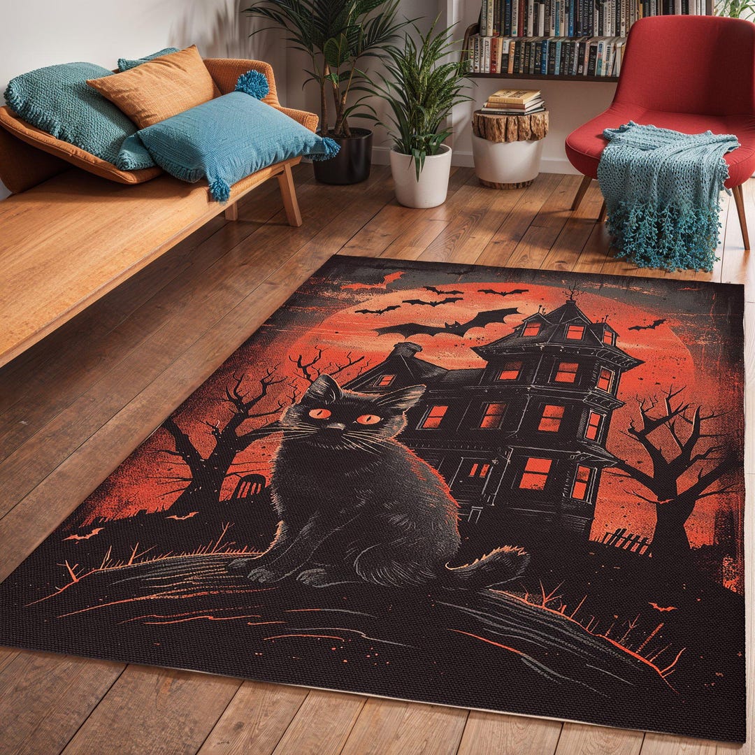 Scary Black Cat Halloween Area Rug, Kids Bedroom Spooky Floor Decor ...