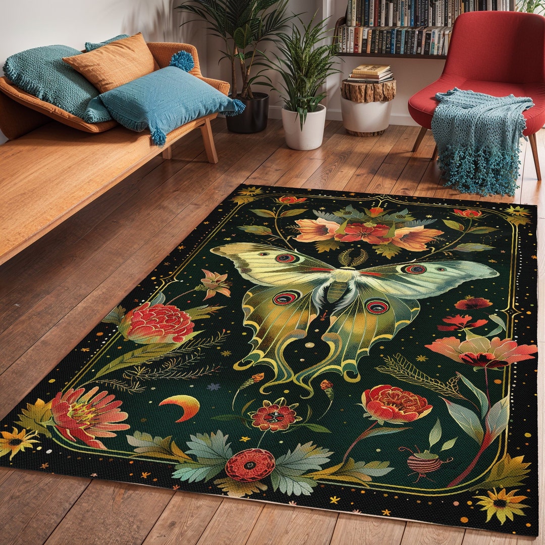 Green Luna Moth Area Rug: Cottagecore Art Deco Carpet - Etsy