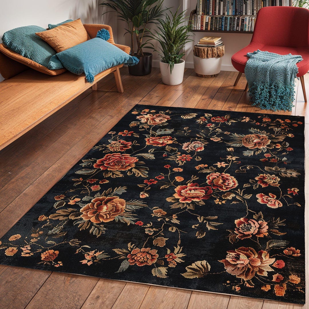 Peach Roses Area Rug, Victorian Vibe Living Room Art Deco Rug, Modern ...