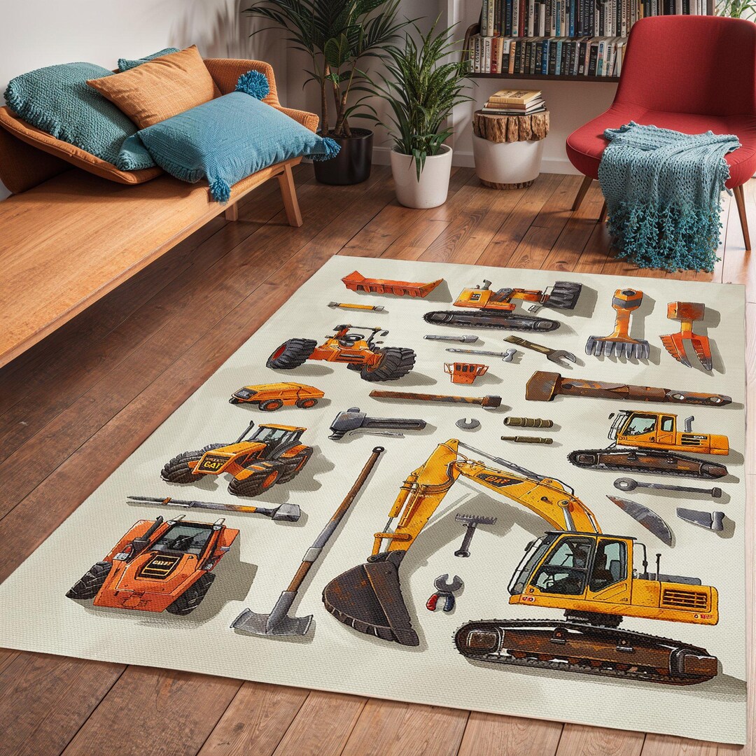 Heavy Equipment Kids Art Area Rug, Modern Tools Bedroom Floor Carpet ...