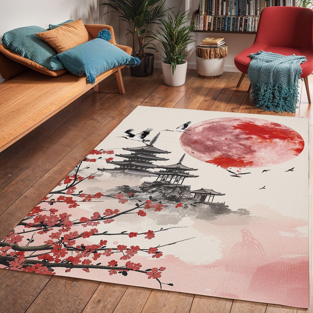 Blood Moon Area Rug, Japanese Vibe Bedroom Art Deco Rug, Zen Living ...