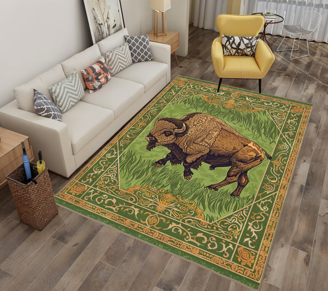 Bison Area Rug, Cottagecore Living Room Carpet, Green Pasture Bedroom ...