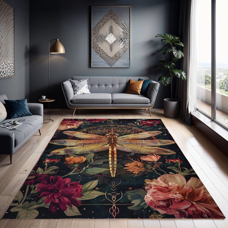 Golden Dragonfly Area Rug: Cottagecore Floral Art Deco Carpet - Etsy