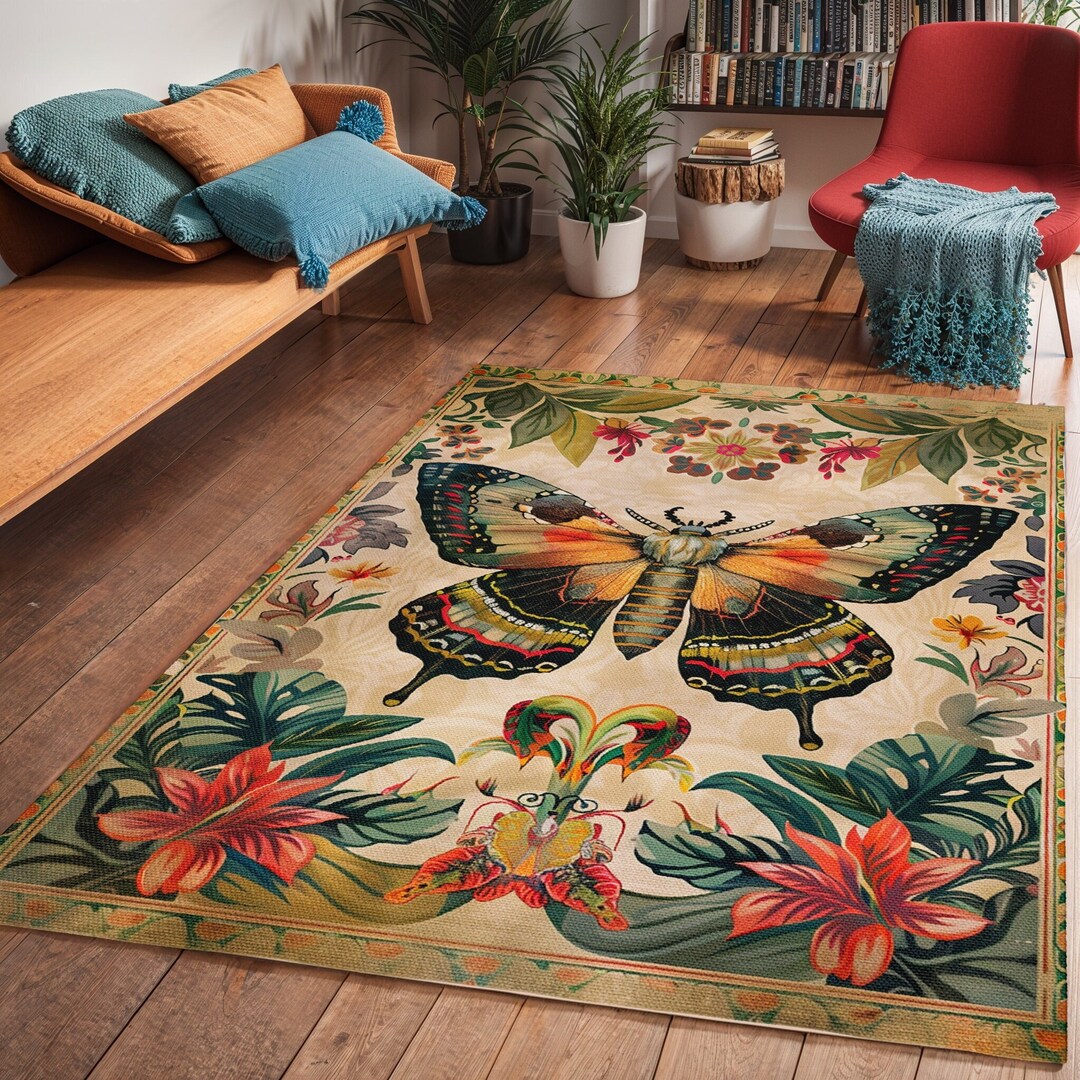 Fairycore Moth Area Rug, Colorful Living Room Art Deco Rug, Floral ...