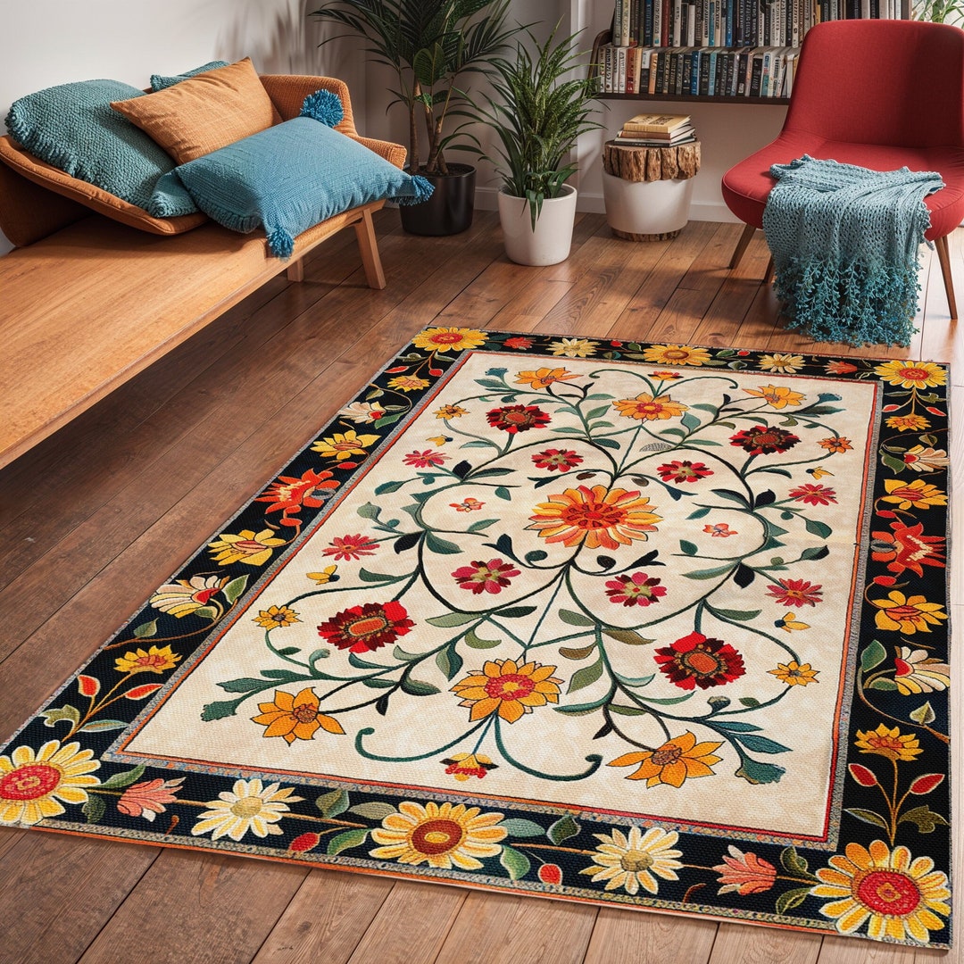 Cottagecore Floral Area Rug: Colorful Art Deco Flower Carpet - Etsy