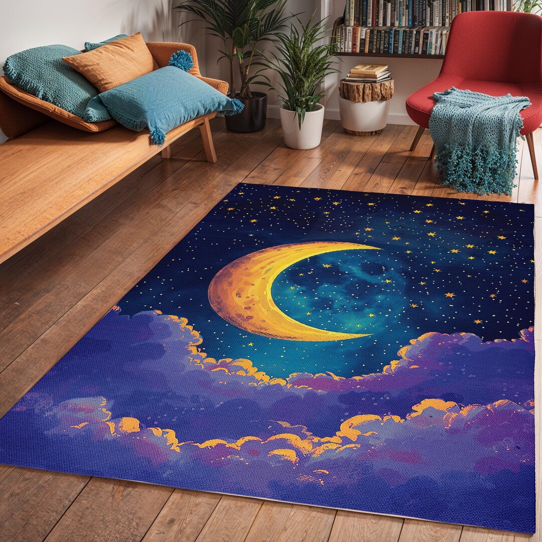 Modern Celestial Area Rug, Crescent Moon Living Room Art Deco Rug, Kids ...