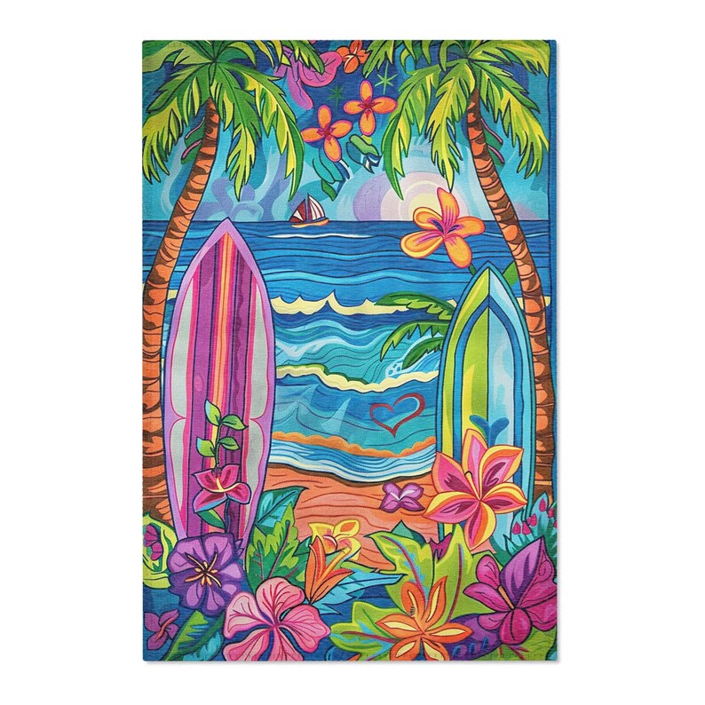 Hawaiian Art Area Rug, Indoor Beach House Art Deco Rug, Surf Boards ...