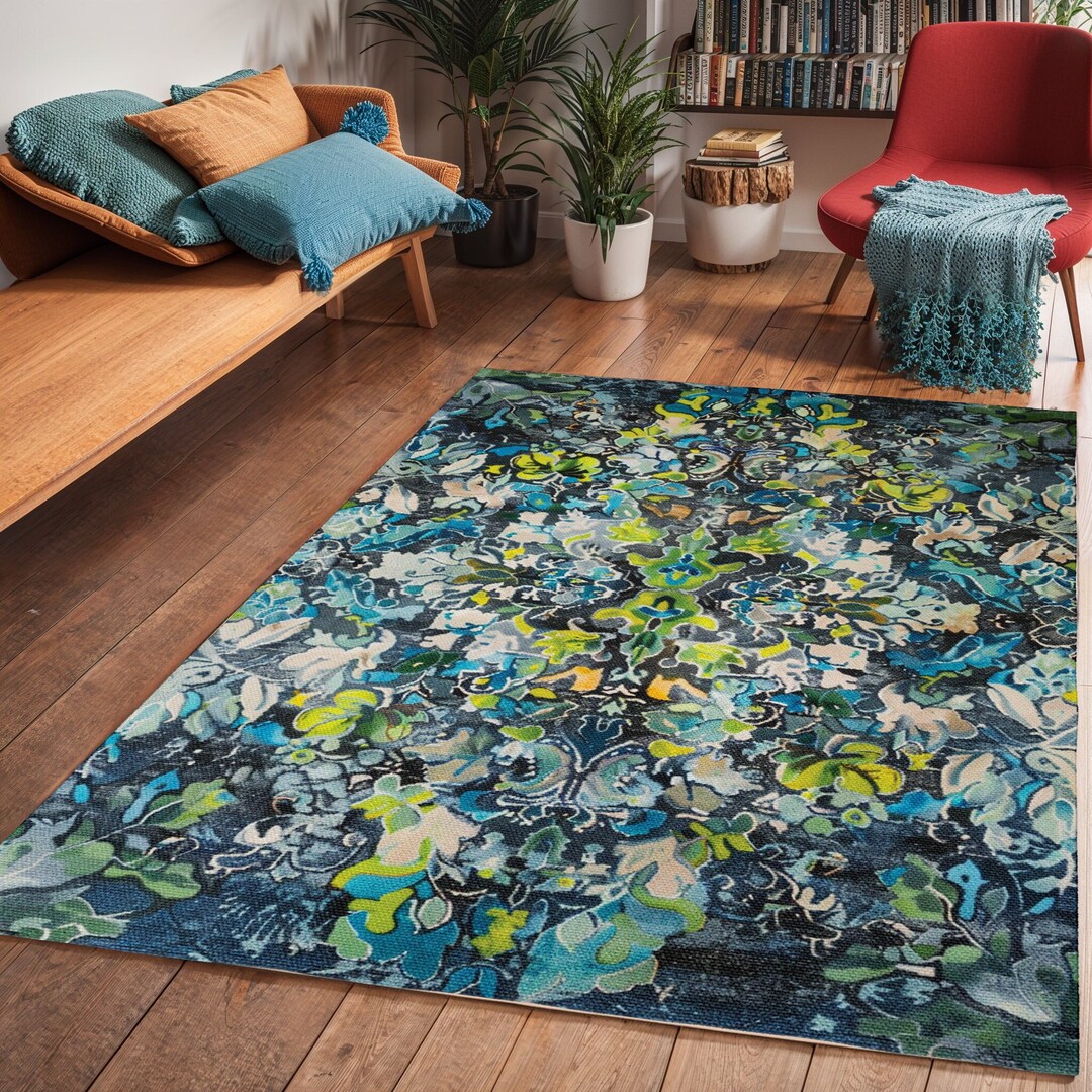 Green Abstract Area Rug: Modern Art Deco Polyester Carpet - Etsy