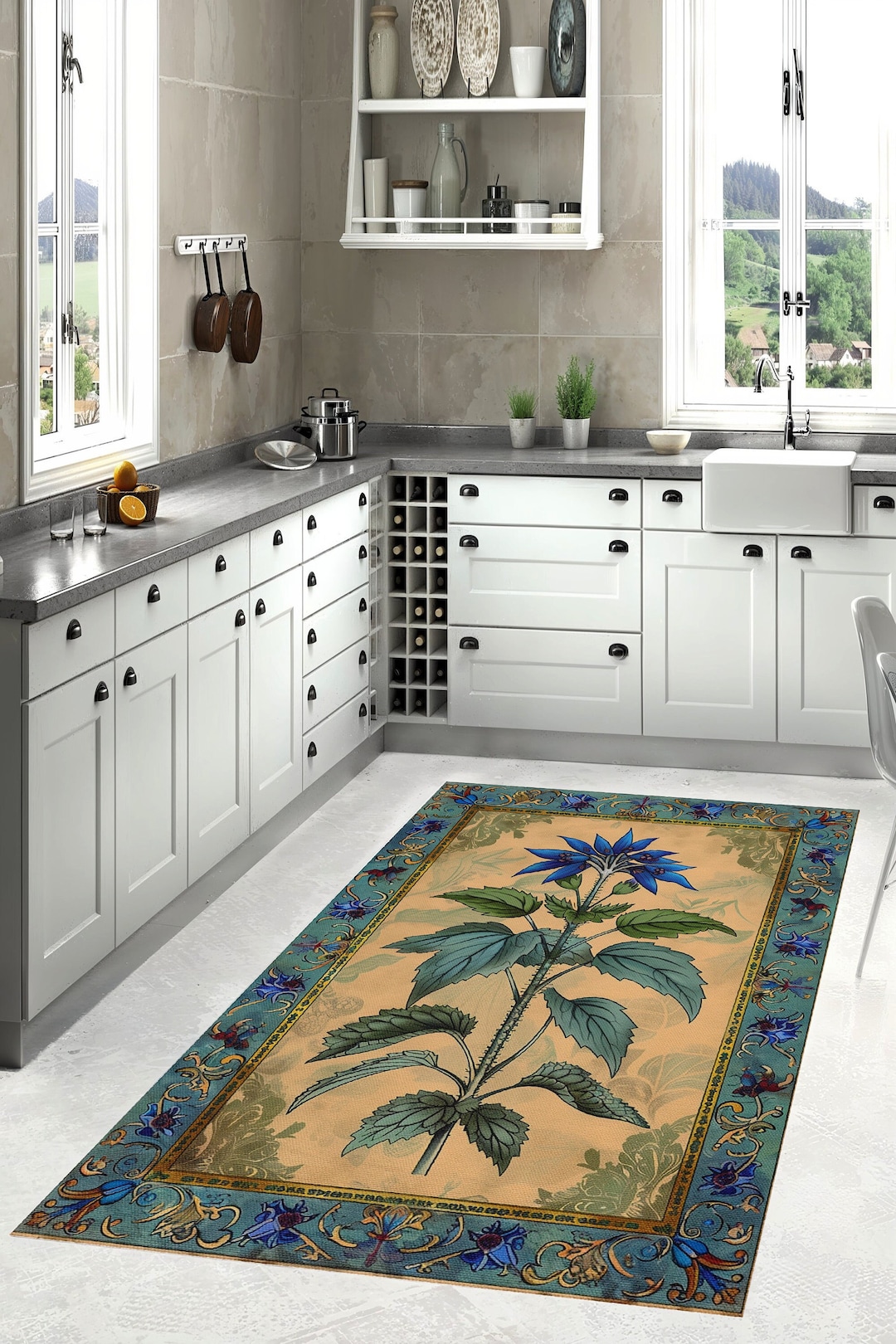Rustic Borage Plant Kitchen Area Rug, Botanical Living Room Art Deco ...