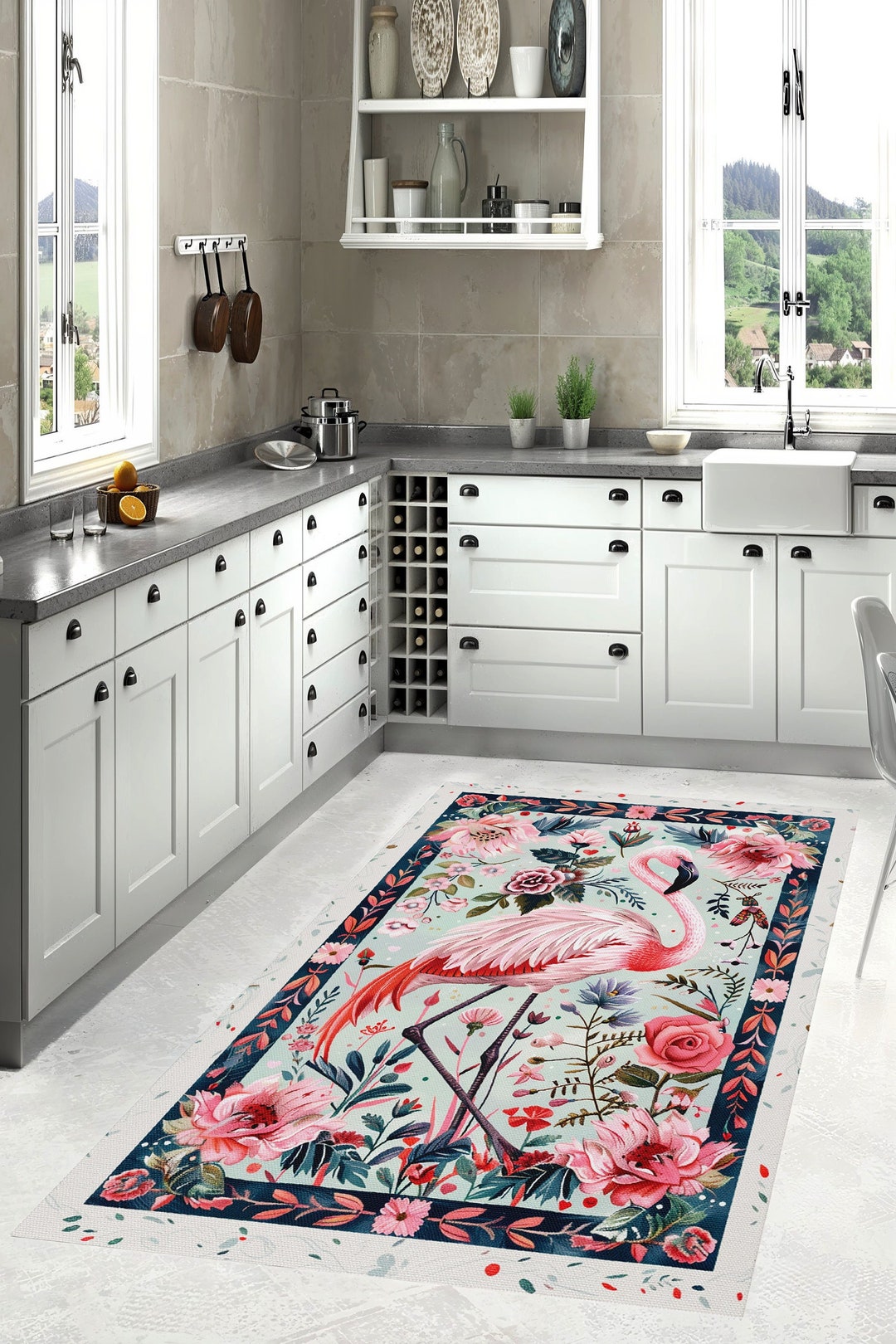 Flamingo Area Rug, Girly Bedroom Carpet, Pink Flower Living Room Rug ...