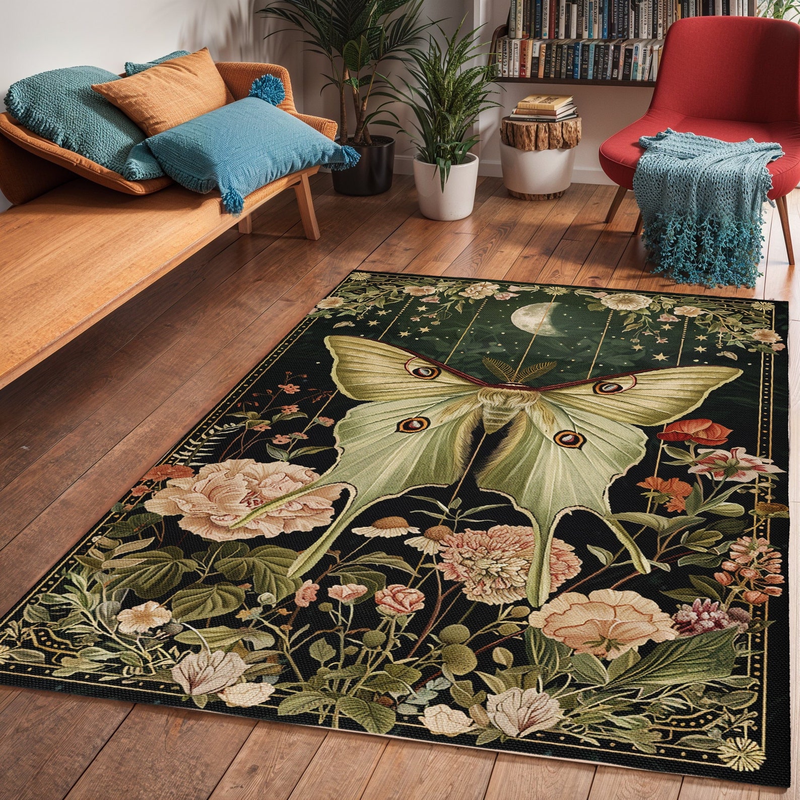 Green Luna Moth Area Rug, Aesthetic Living Room Art Deco Rug ...