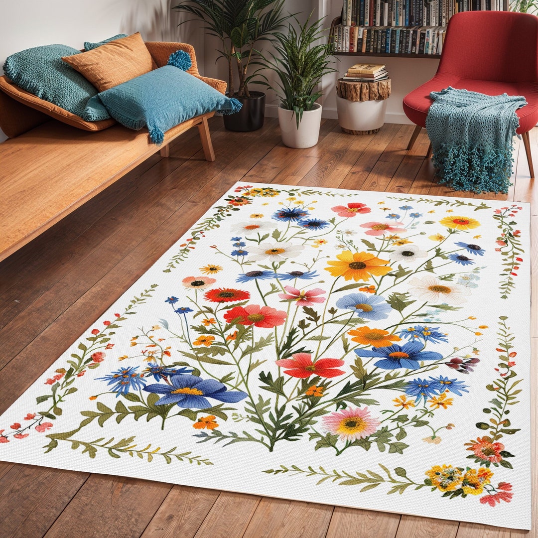 Modern Aesthetic Floral Area Rug, Colorful Flowers Art Deco Rug, Living ...