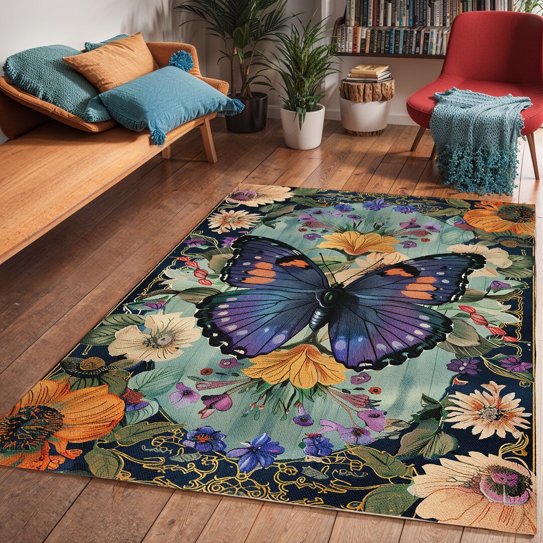 Purple Red Spotted Butterfly Area Rug, Fairycore Living Room Art Deco ...