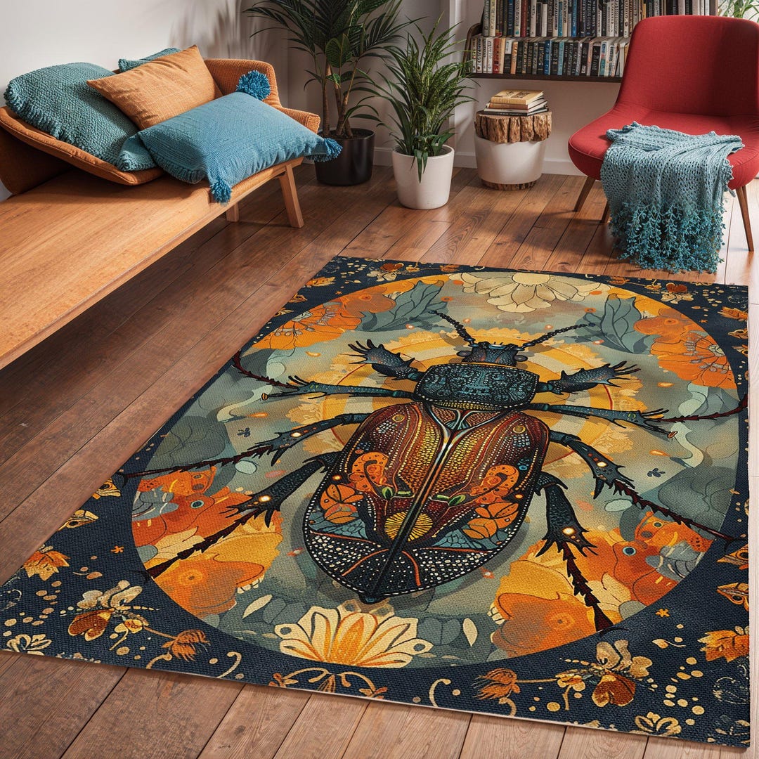 Contemporary Mandala Beetle Area Rug, Mancave Art Deco Rug, Modern ...