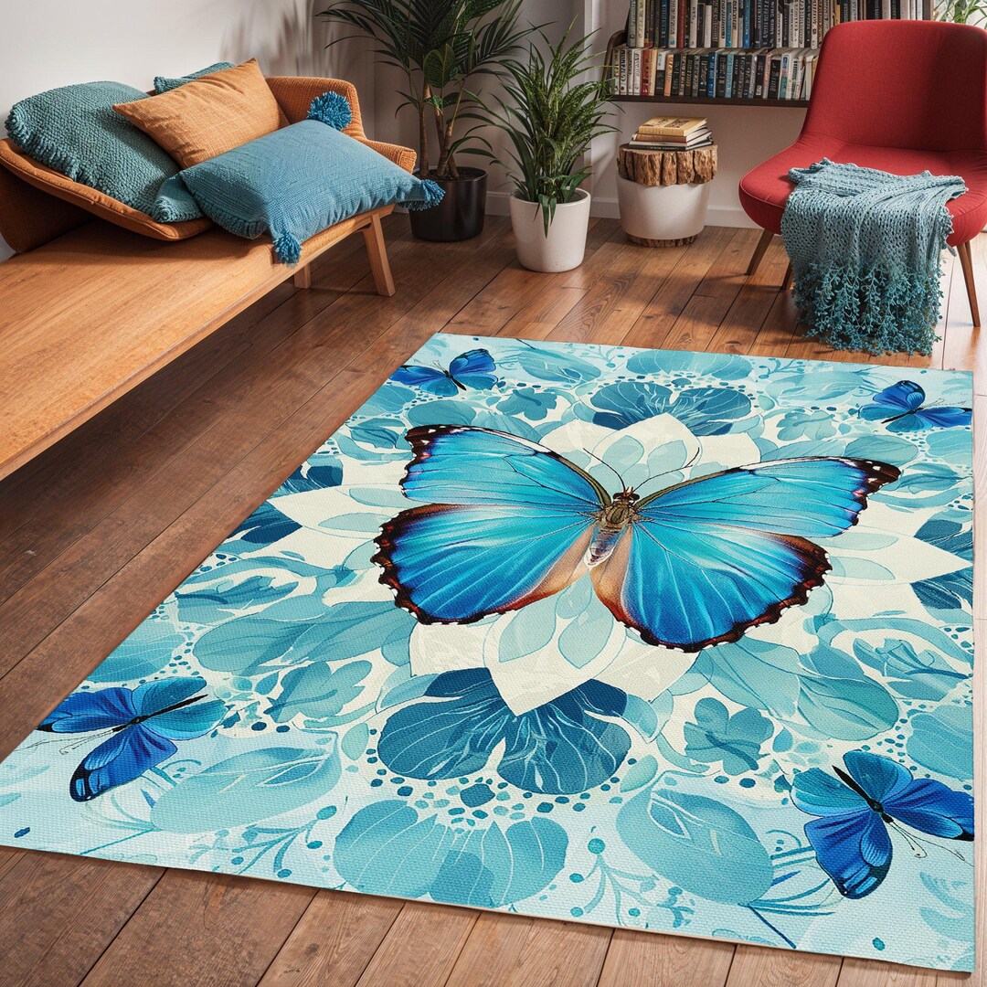 Blue Butterfly Area Rug, Modern Living Room Art Deco Rug, Contemporary ...
