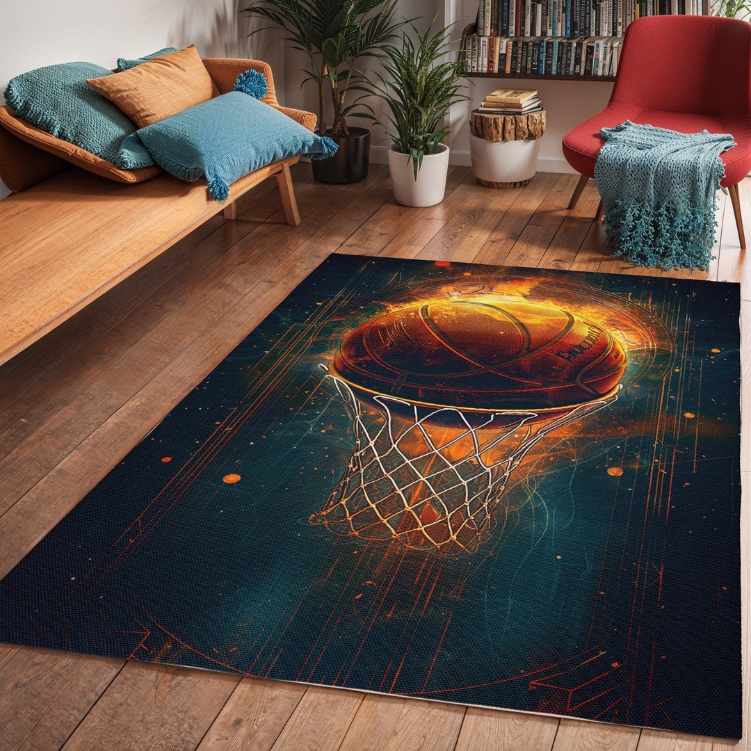 Basketball Area Rug, Modern Living Room Art Deco Rug, Mancave Floor ...