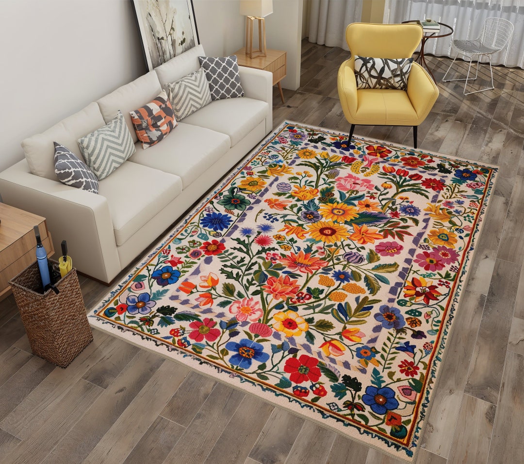 Colorful Floral Area Rug: Botanical Living Room Carpet - Etsy