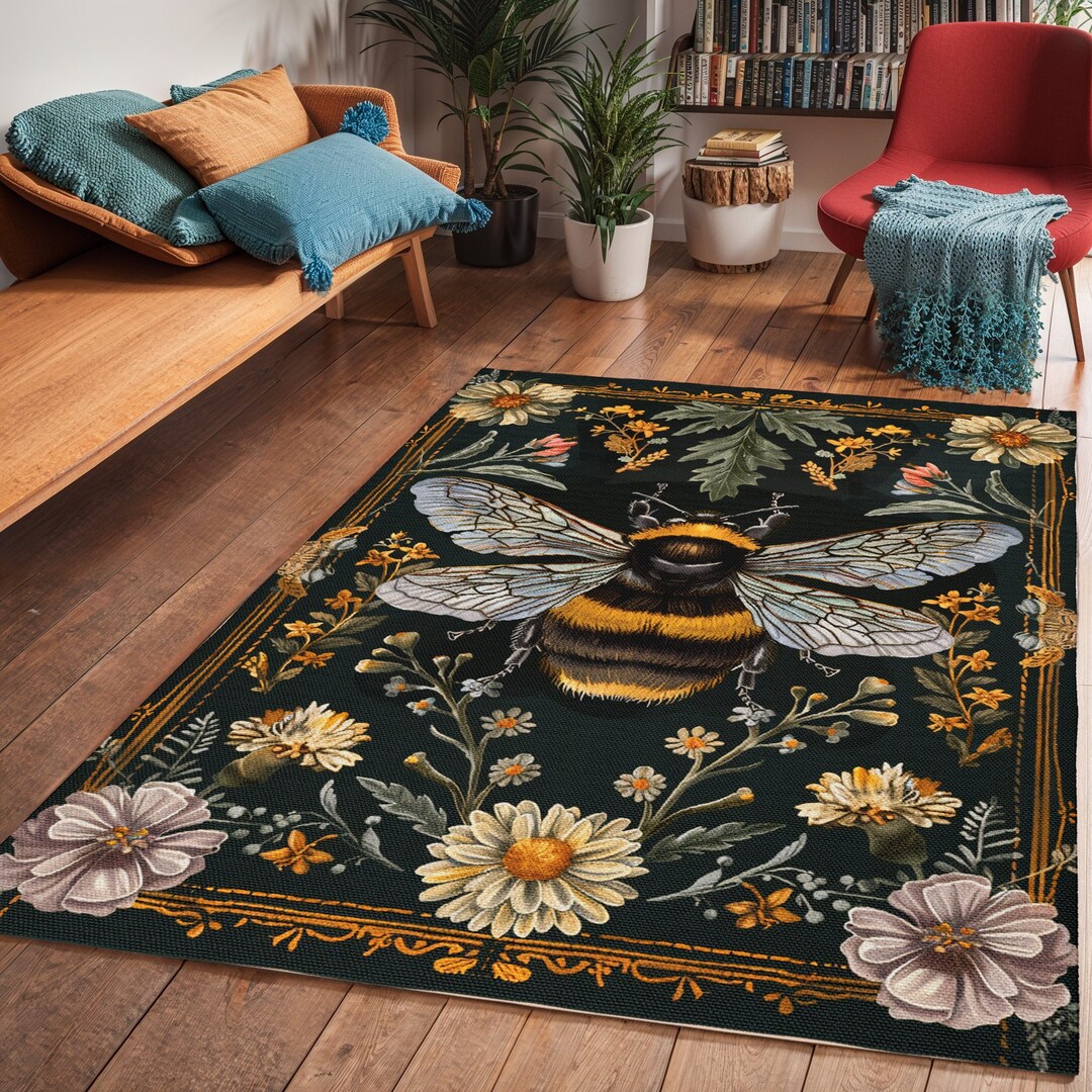 Cottagecore Bumblebee Area Rug: Floral Art Deco Carpet - Etsy