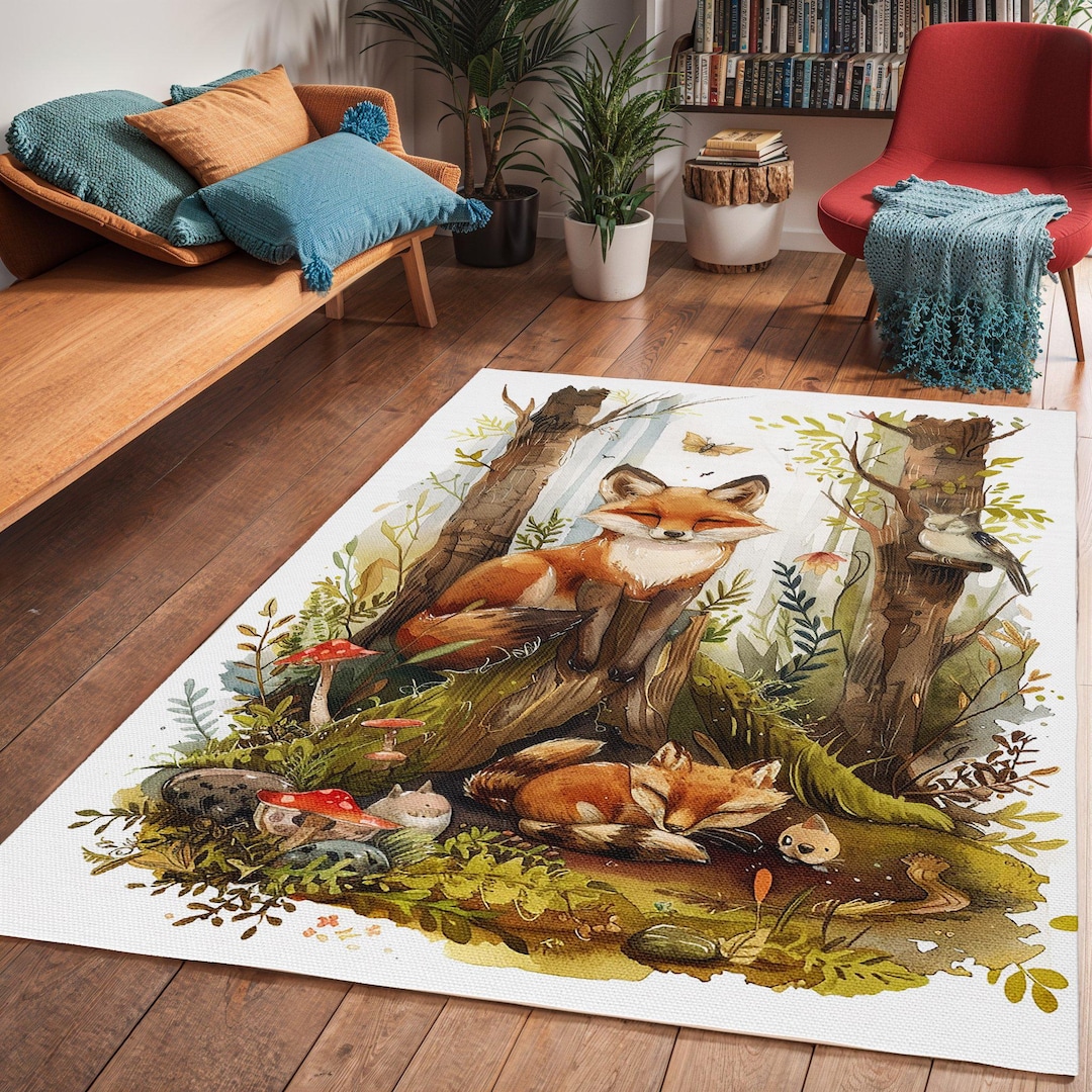 Red Fox Kids Area Rug, Animal Print Nursery Bedroom Art Deco Rug ...
