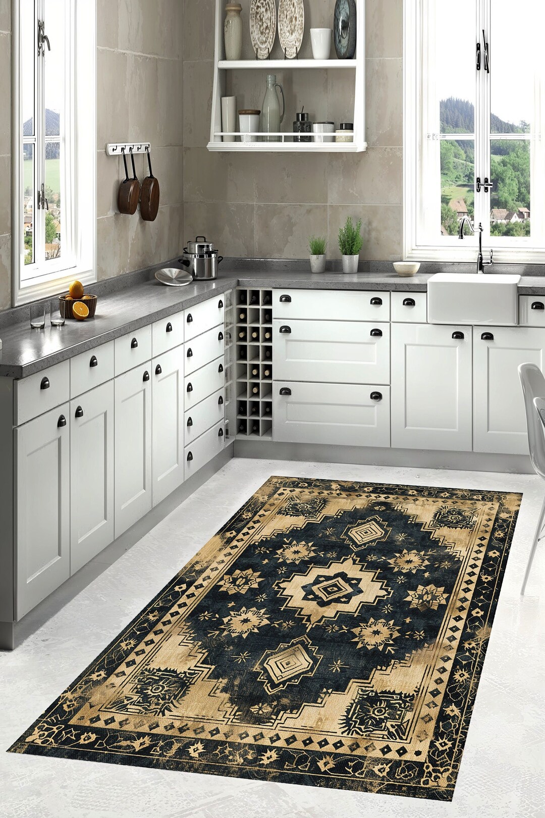 Vintage Dark Wood Area Rug, Persian Art Bedroom Floor Carpet, Rustic ...