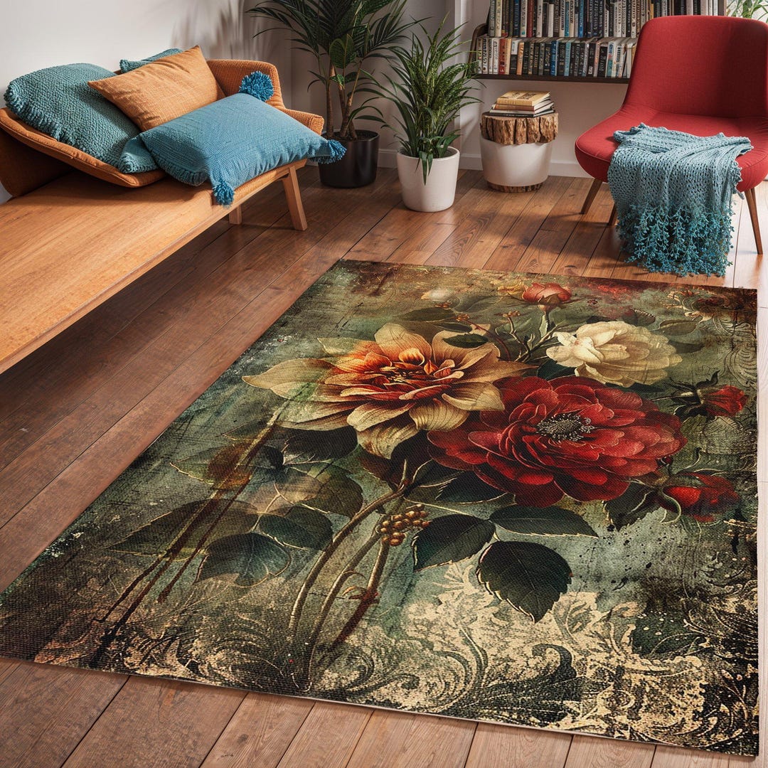 Rustic Floral Area Rug: Victorian Rose Chenille Floor Carpet - Etsy