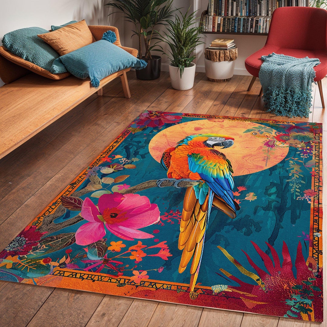 Colorful Floral Parrot Area Rug, Cottagecore Living Room Art Deco Rug ...