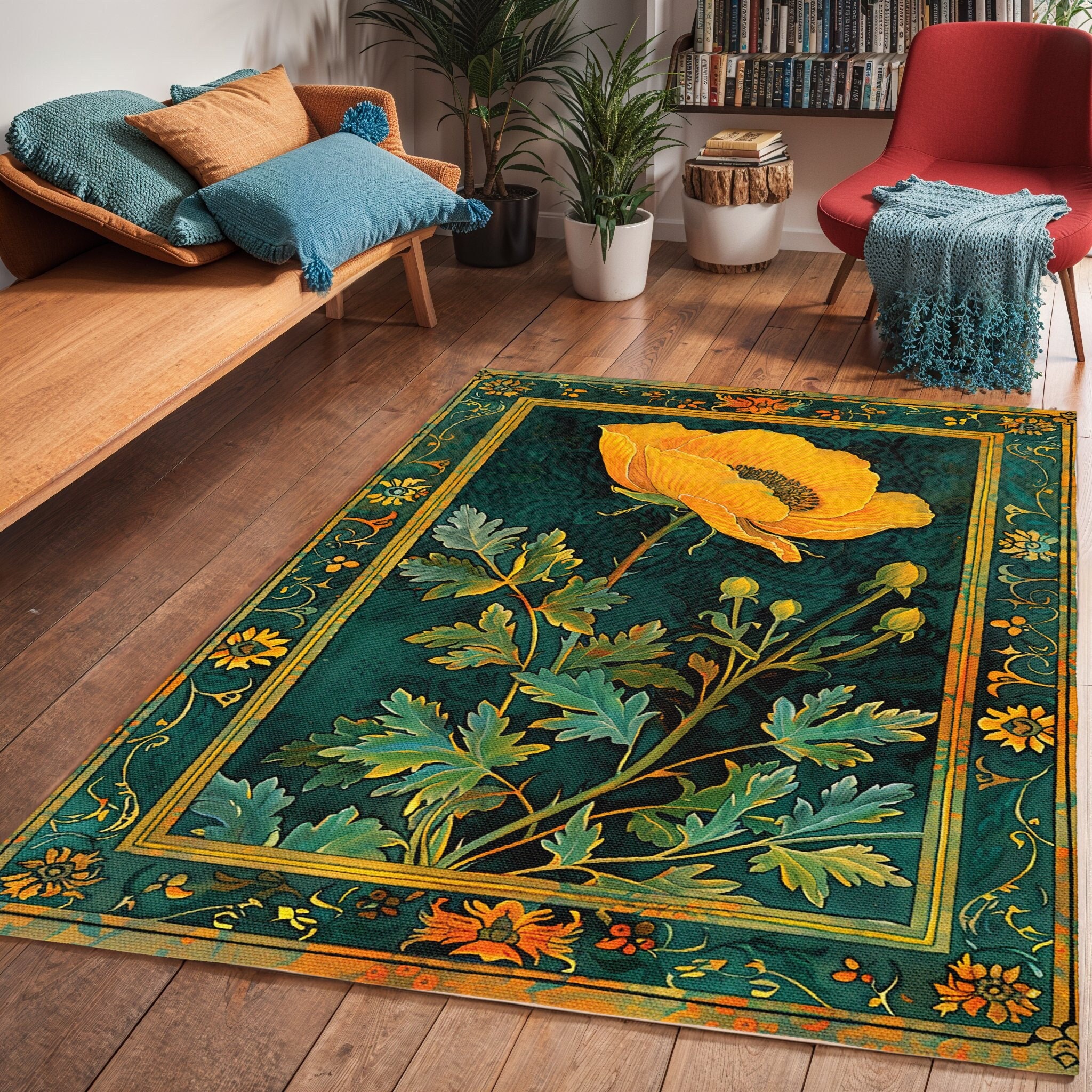 Yellow Buttercup Area Rug, Cottagecore Living Room Art Deco Rug ...
