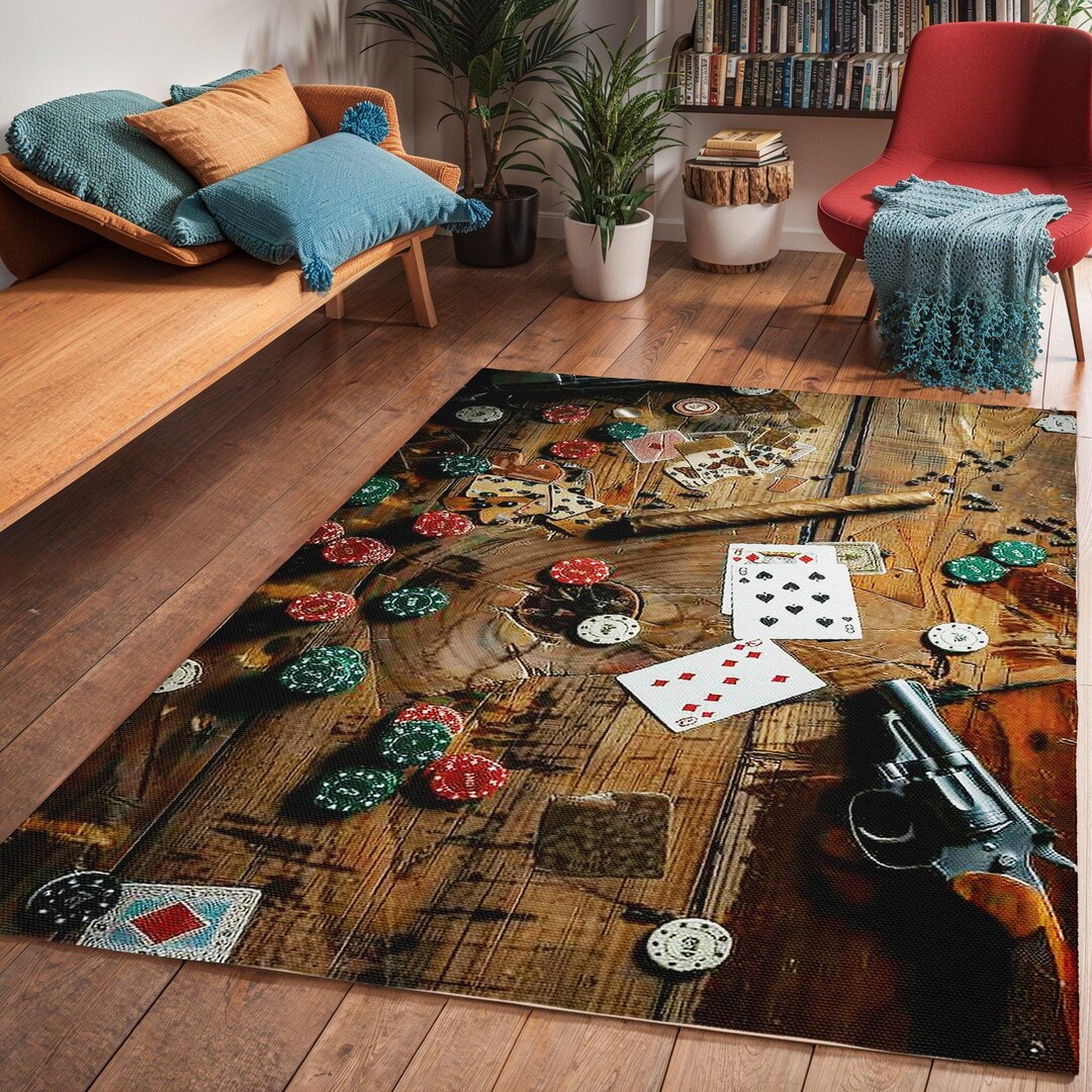 Vintage Poker Table Area Rug, Mancave Art Deco Rug, Aesthetic Bedroom ...