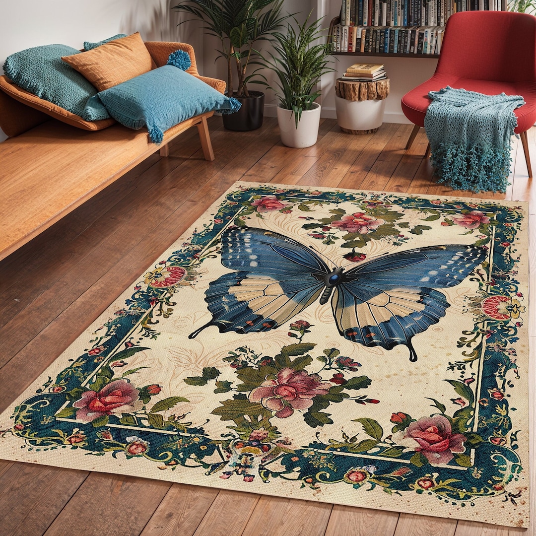 Common Blue Butterfly Area Rug, Floral Bedroom Art Deco Rug, Girly Room ...