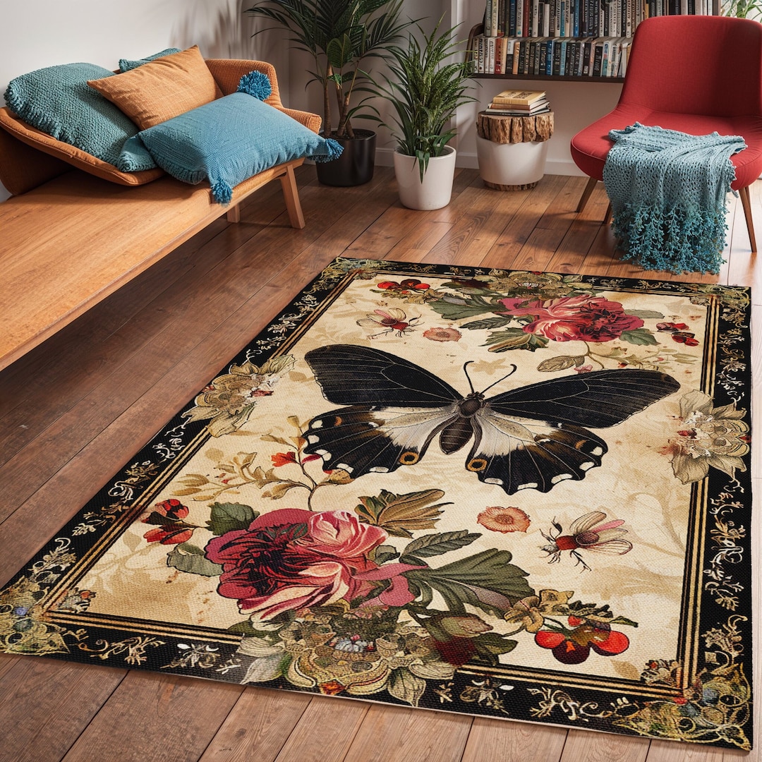 Cottagecore Butterfly Area Rug: Vintage Floral Art Deco Carpet - Etsy