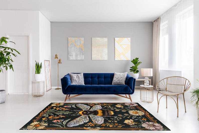 Cottagecore Bumblebee Area Rug: Floral Art Deco Carpet - Etsy