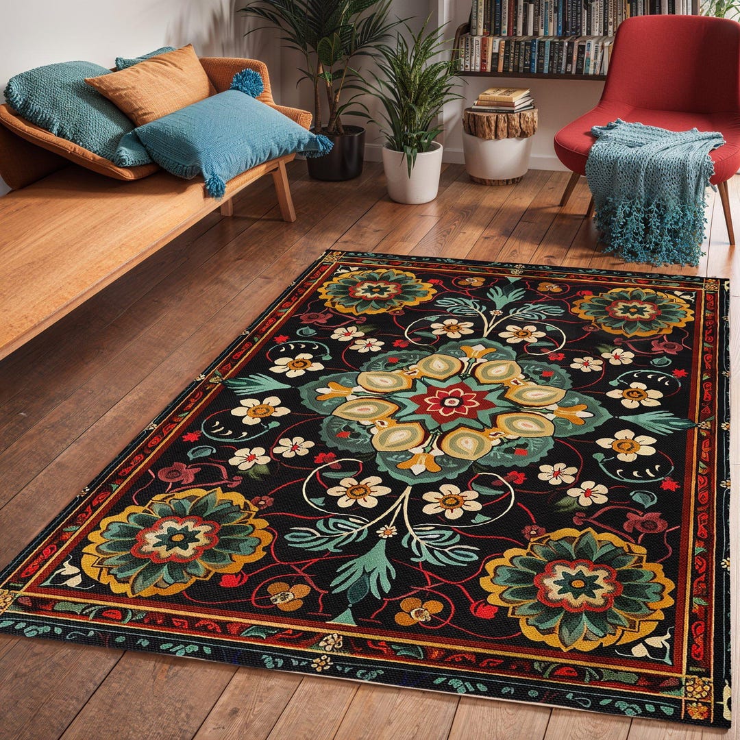 Floral Moroccan Fusion Area Rug, Moms Kitchen Floor Art Deco Rug ...