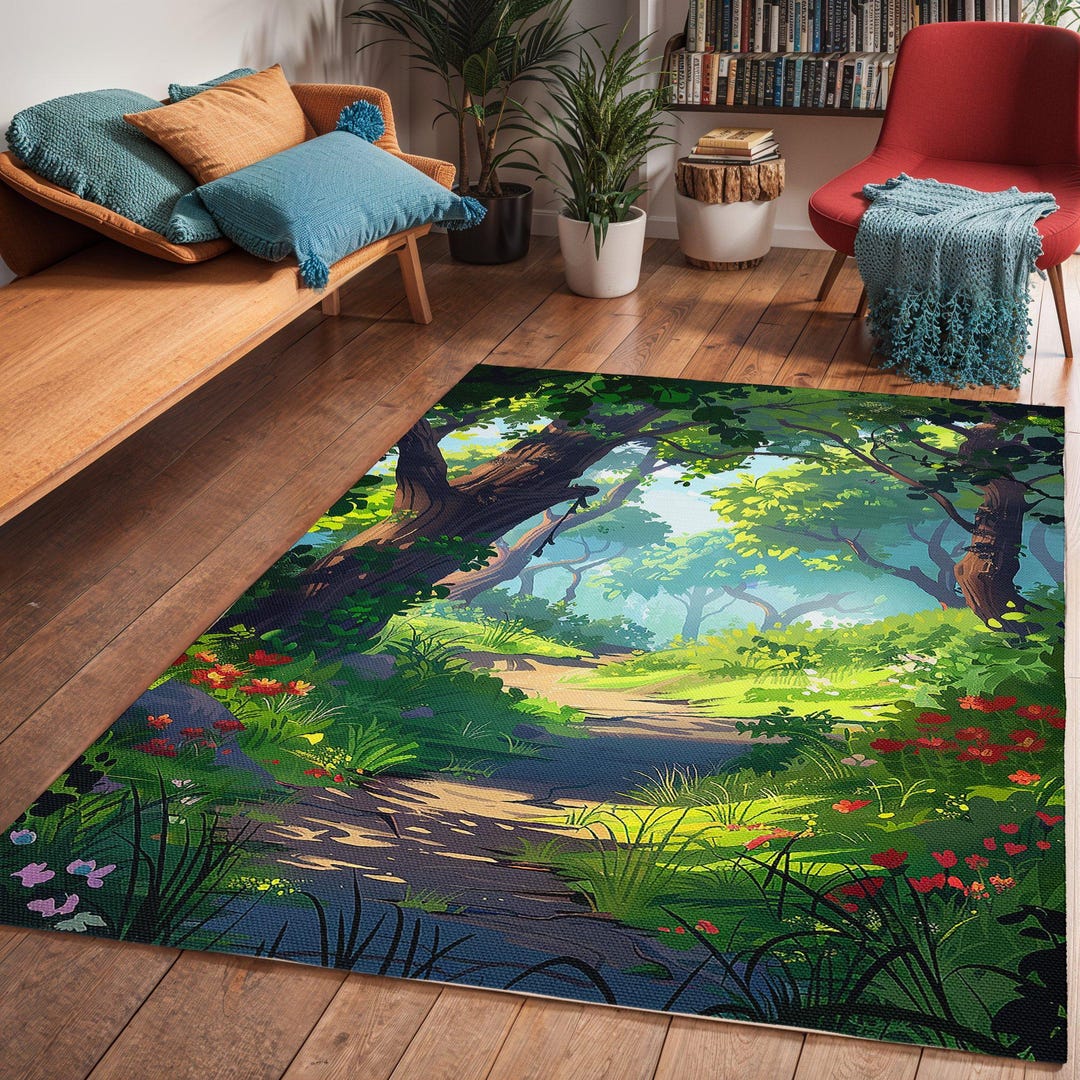 Enchanted Forest Kids Art Area Rug, Modern Nursery Bedroom Art Deco Rug ...