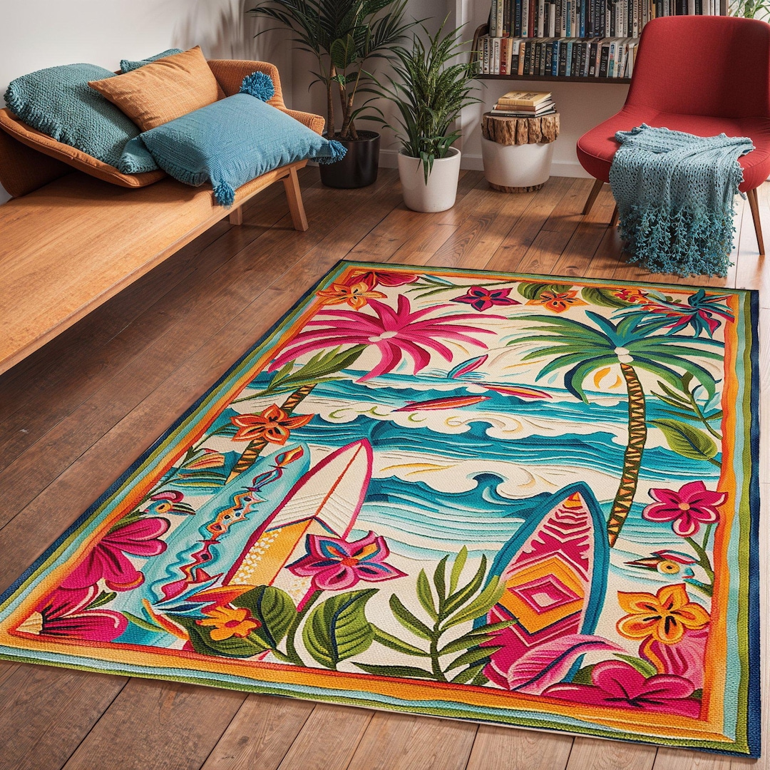 Colorful Surfing Boards Area Rug, Indoor Beach House Art Deco Rug ...