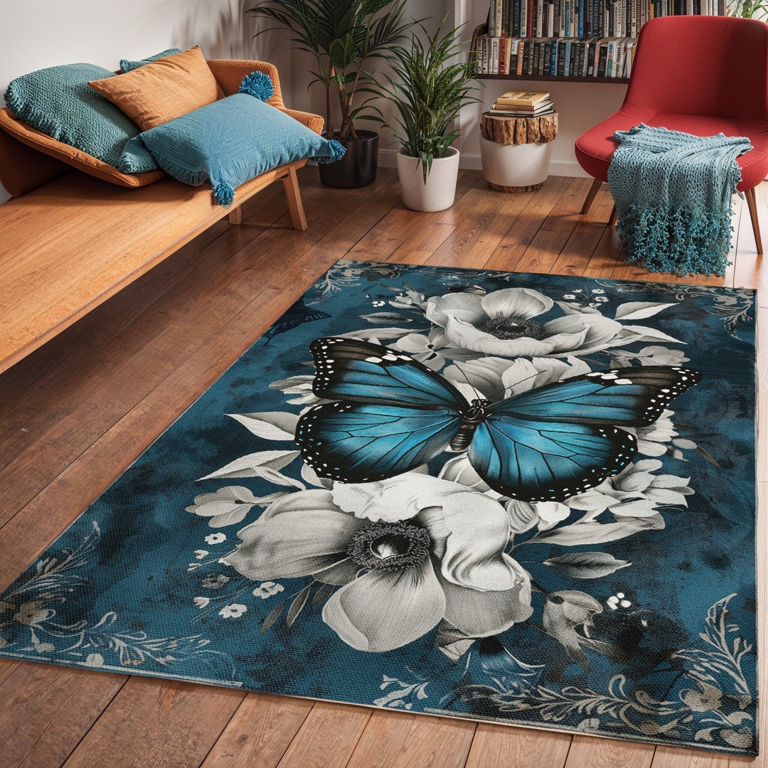 Morpho Butterfly Area Rug, Cottagecore Living Room Art Deco Rug, Blue ...