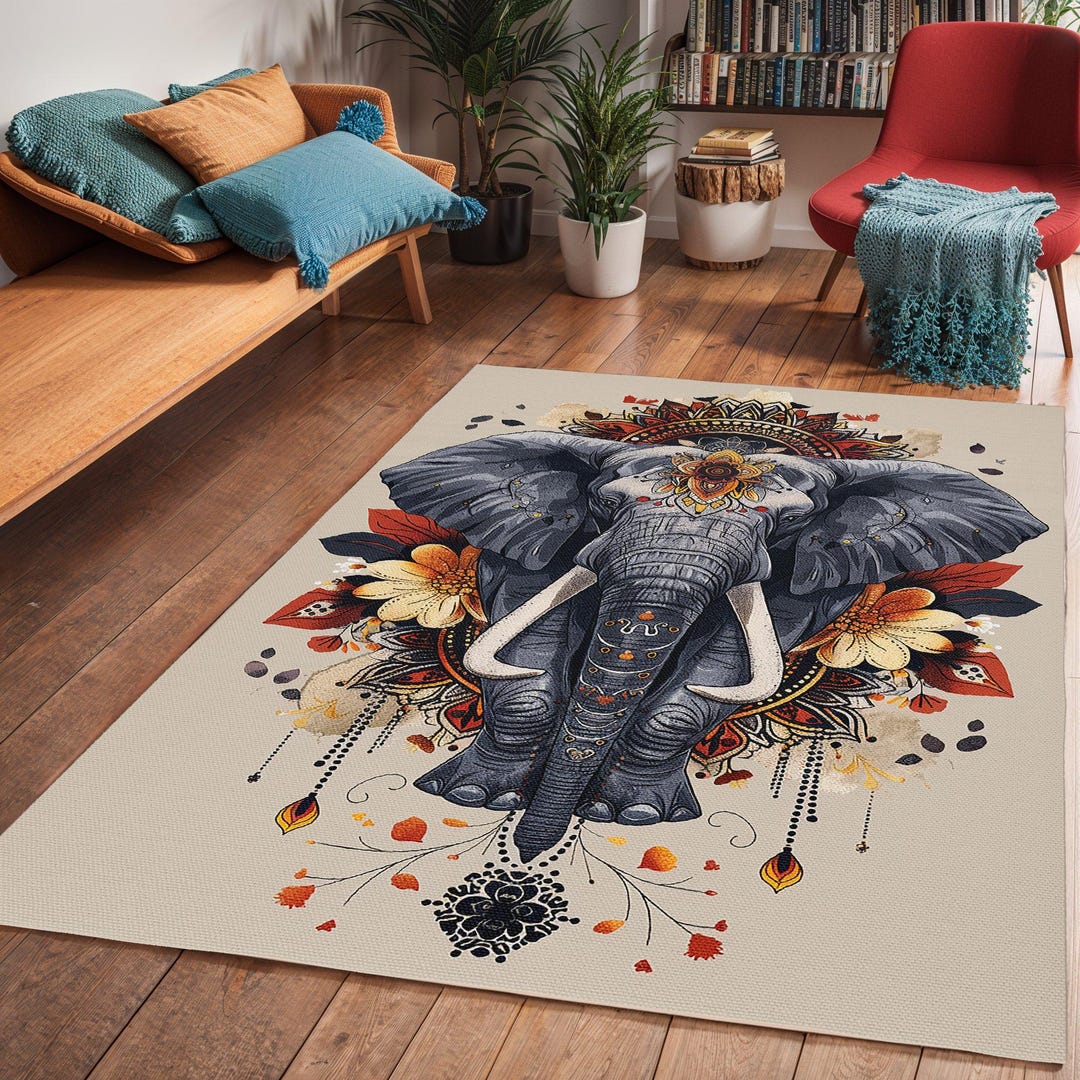 Mandala Elephant Area Rug, Modern Classic Fusion Living Room Art Deco ...