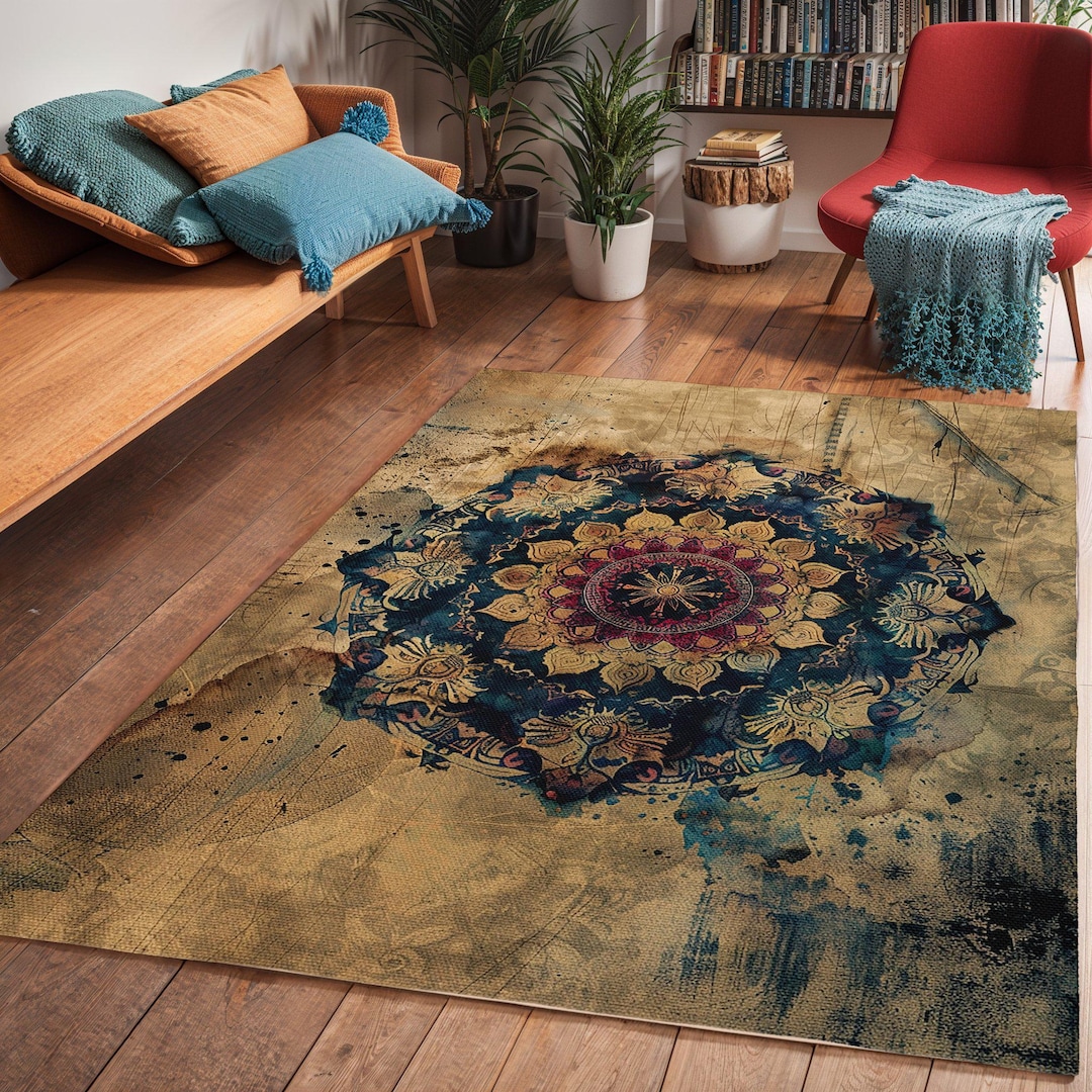 Vintage Mandala Area Rug, Mancave Floor Decor, Rustic Living Room Art ...