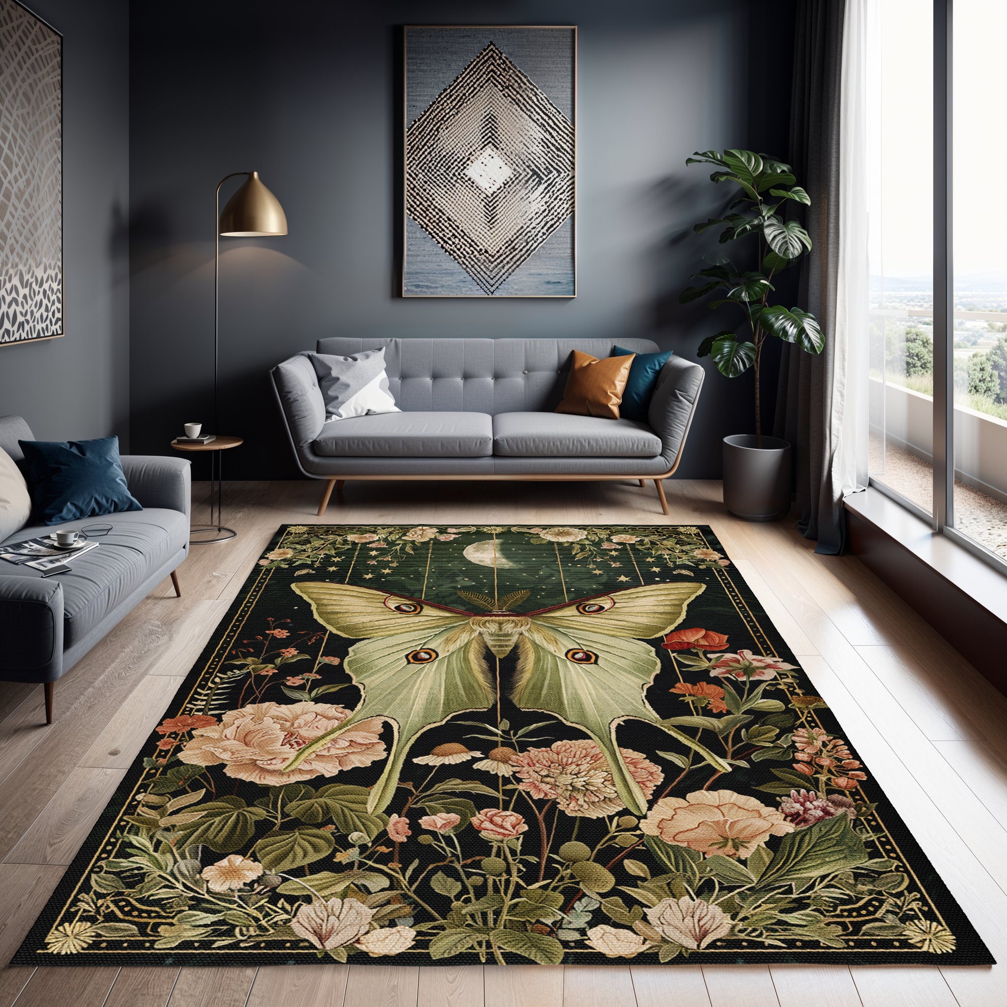 Green Luna Moth Area Rug, Aesthetic Living Room Art Deco Rug ...