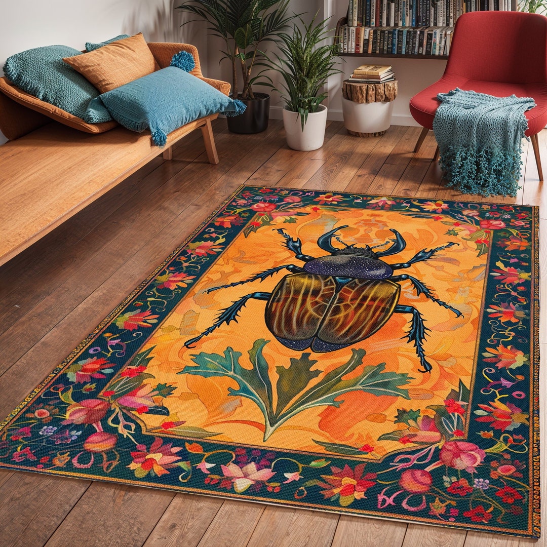 Rustic Beetle Art Deco Rug: Vintage Floral Carpet - Etsy