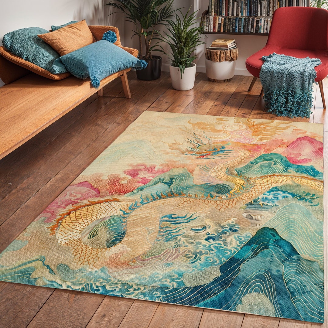 Tibetan Art Area Rug, Dragon Living Room Art Deco Rug, Modern Bedroom ...