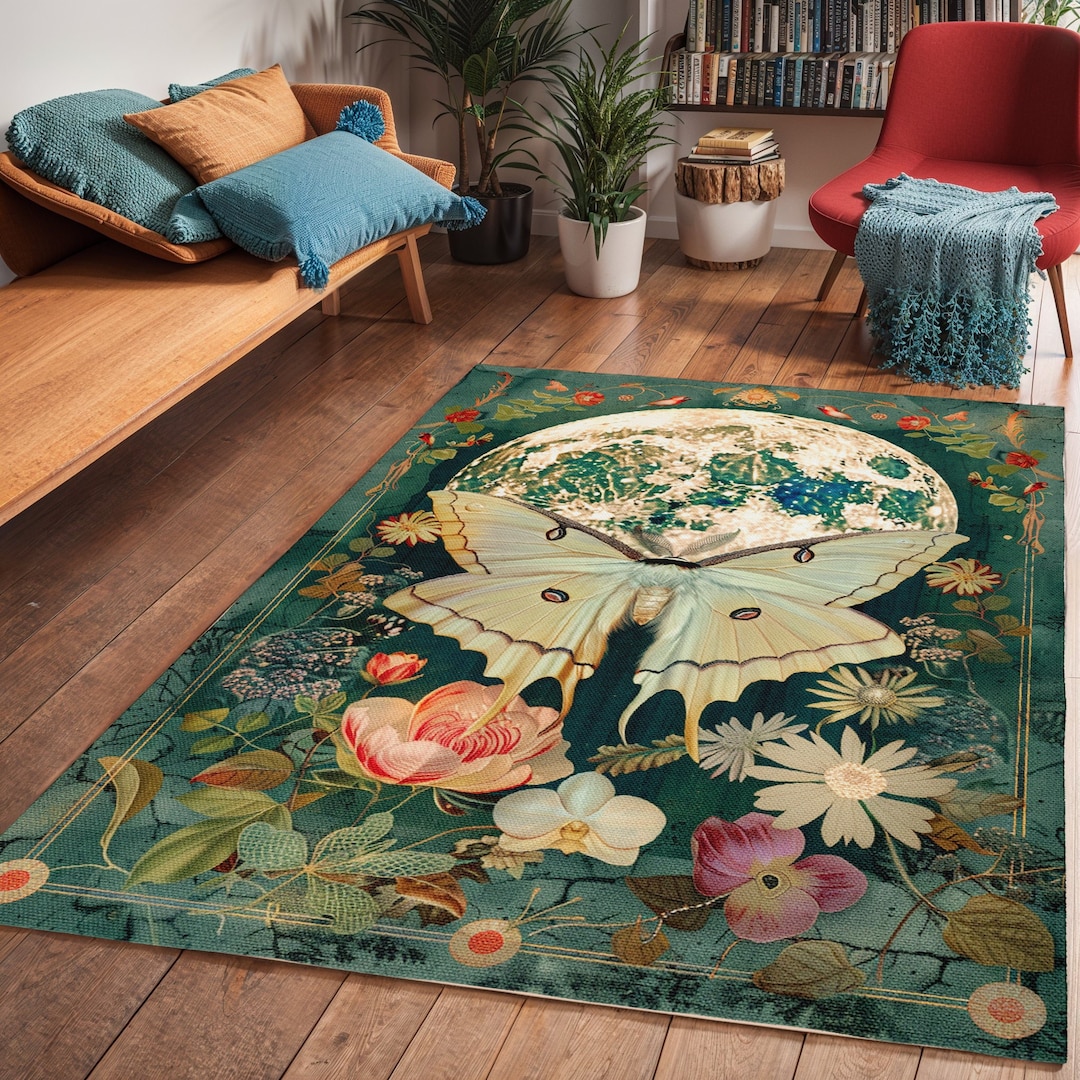 Luna Moth Area Rug: Cottagecore Floral Art Deco Carpet - Etsy