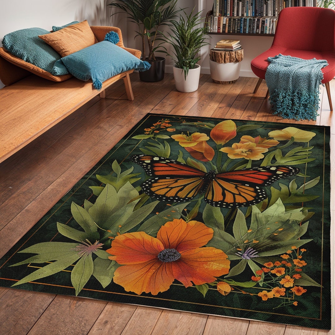Floral Monarch Butterfly Living Room Area Rug, Colorful Nature Bedroom ...