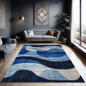 Abstract Contemporary Area Rug, Blue Art Living Room Floor Carpet ...
