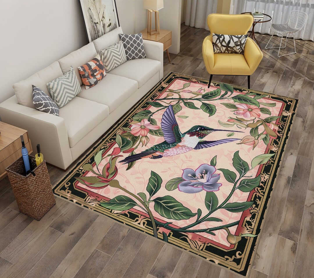 Hummingbird Area Rug, Living Room Bird Carpet, Cottagecore Kitchen Rug ...