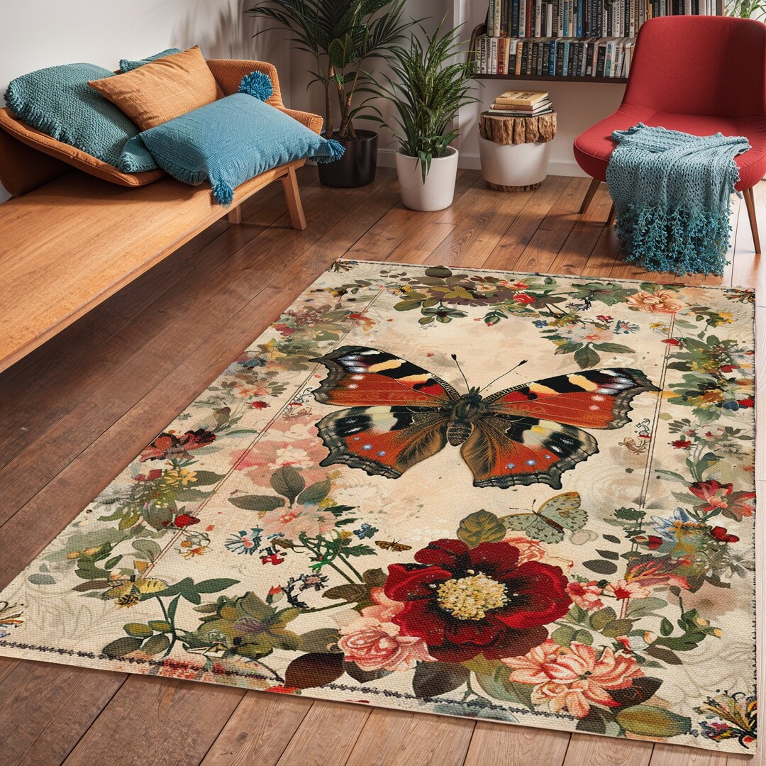 Red Admiral Butterfly Area Rug: Cottagecore Floral Art Deco Carpet - Etsy
