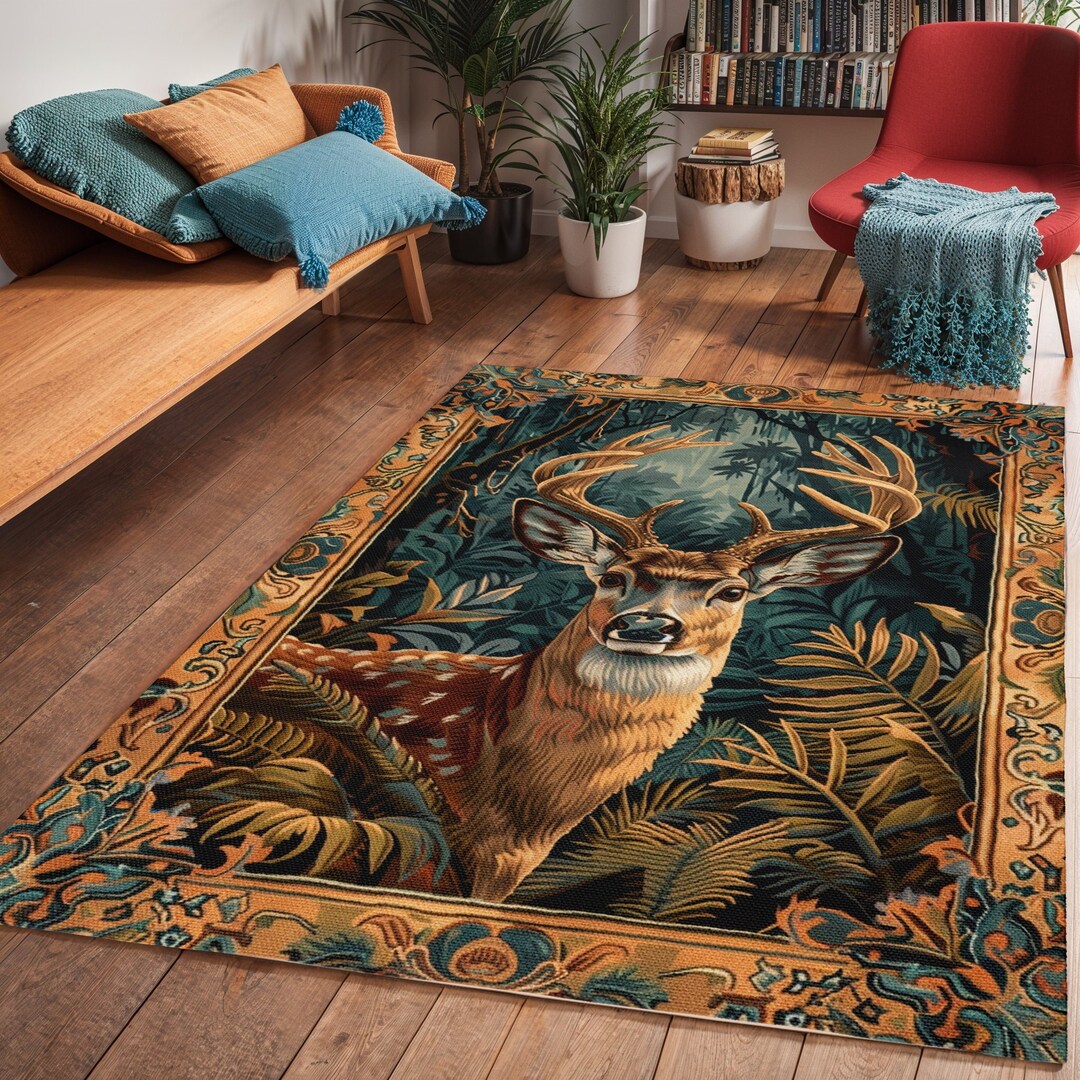 Deer Area Rug, Rustic Living Room Rug, Jungle Vibe Bedroom Carpet ...