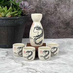 Oriental Dragon Beige Ceramic Sake Set, One Sake Bottle 5 Fl Oz and ...