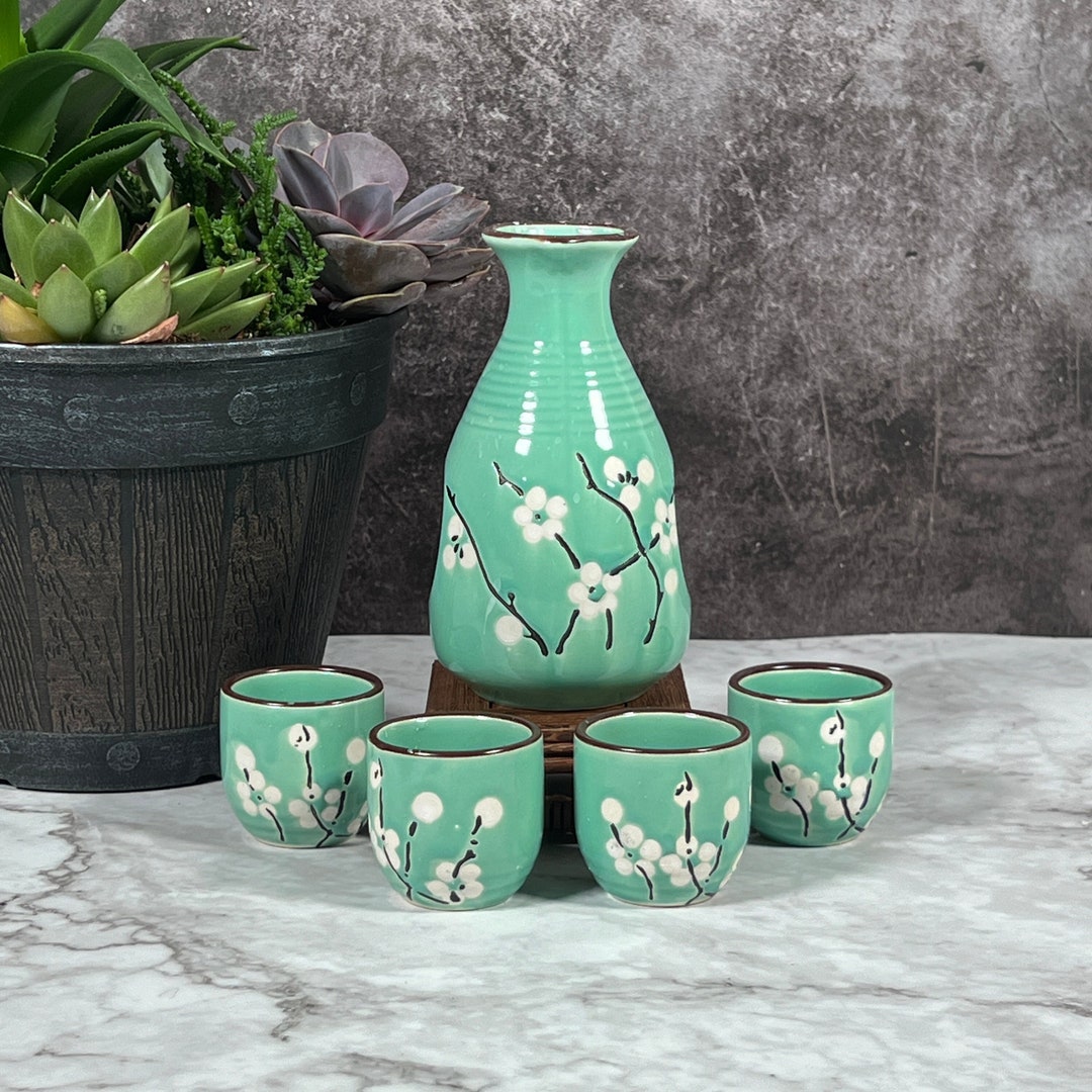 Oriental White Cherry Blossom Turquoise Ceramic Sake Set, One Sake ...
